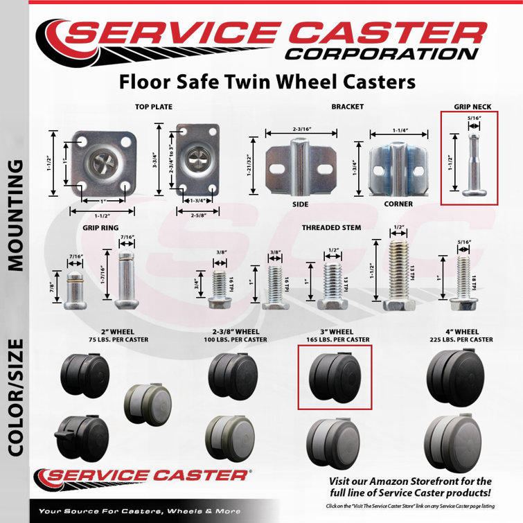 Service Caster 3 Inch Heavy Duty Floor Safe Twin Wheel Caster 5/16 Grip Neck Stem Set 4 ...